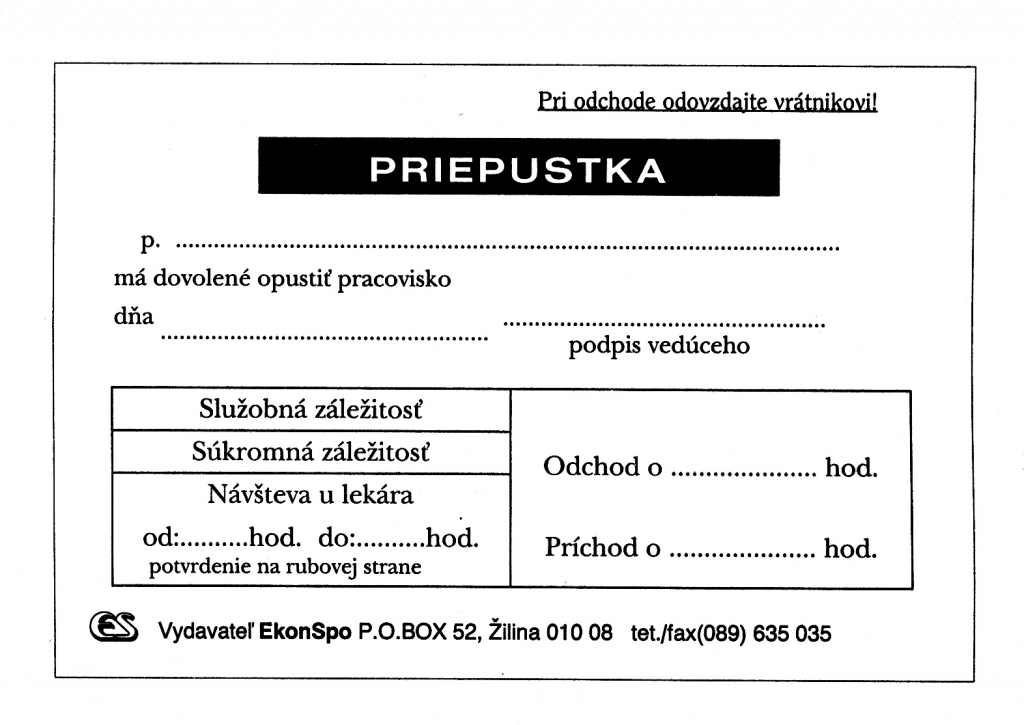 Priepustka - A6 blok Tlačiareň CMR tlačív